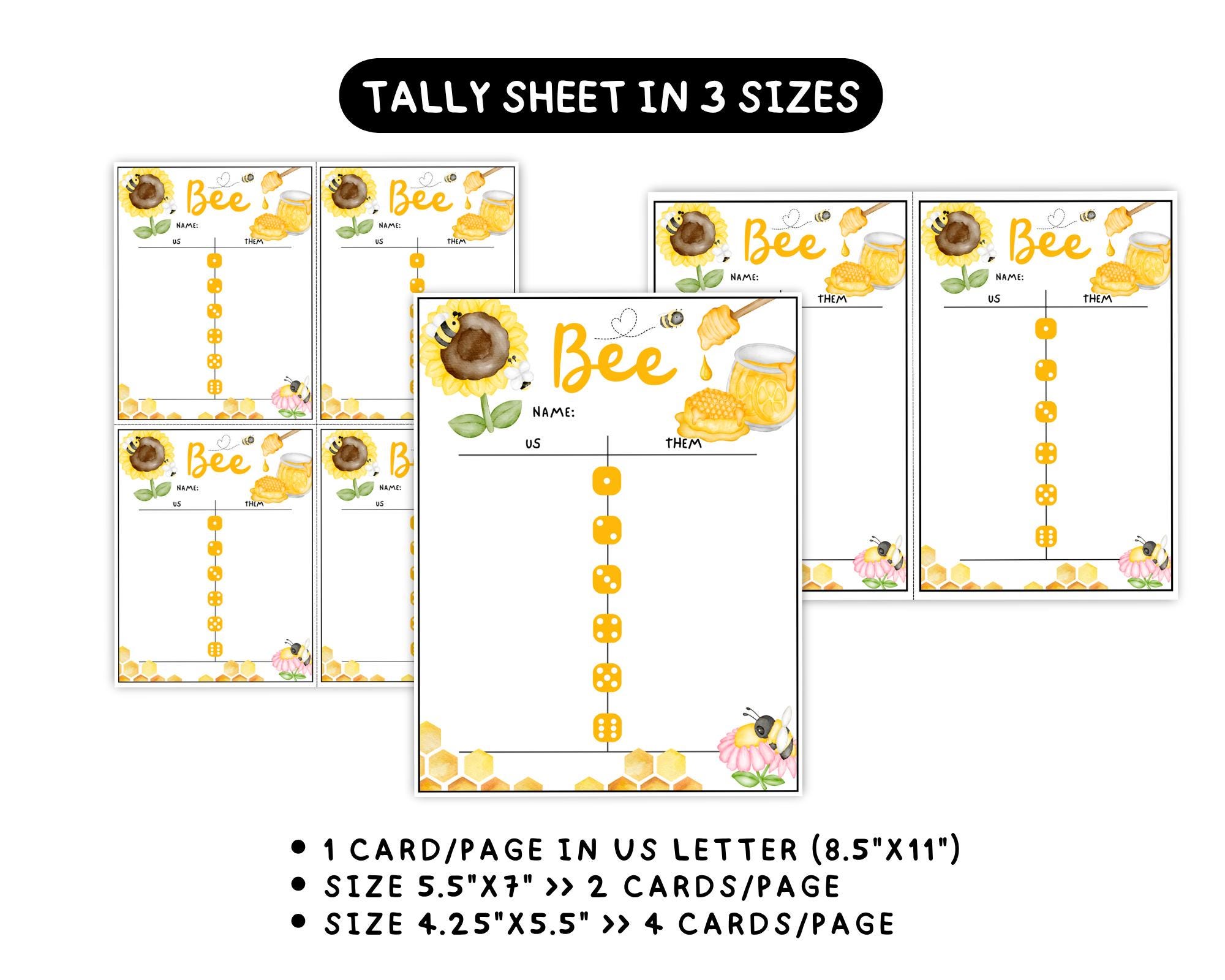 Bee Bunco Score Card Printable 4 and 6 Games, Tally Sheets, Bee Games ...