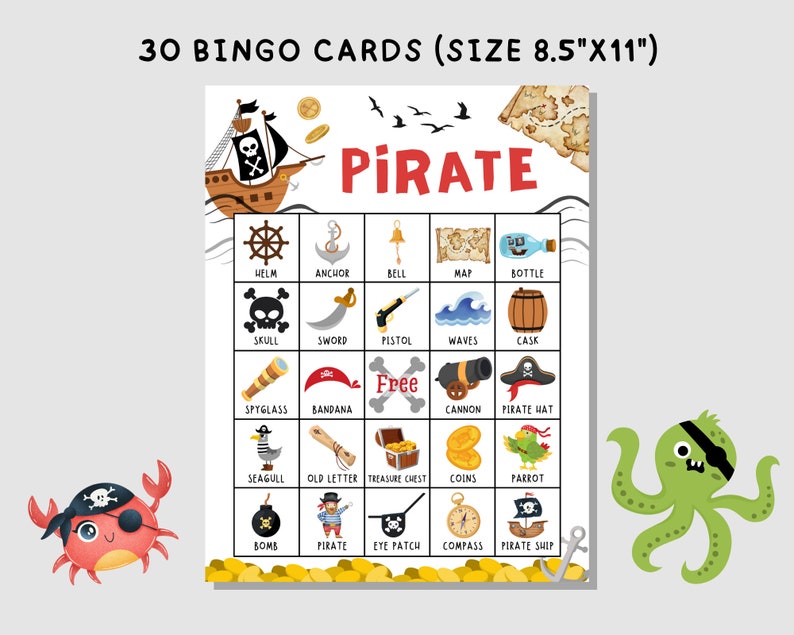 Pirate Bingo Cards, Pirate Activities, Pirate Birthday Party Printable ...