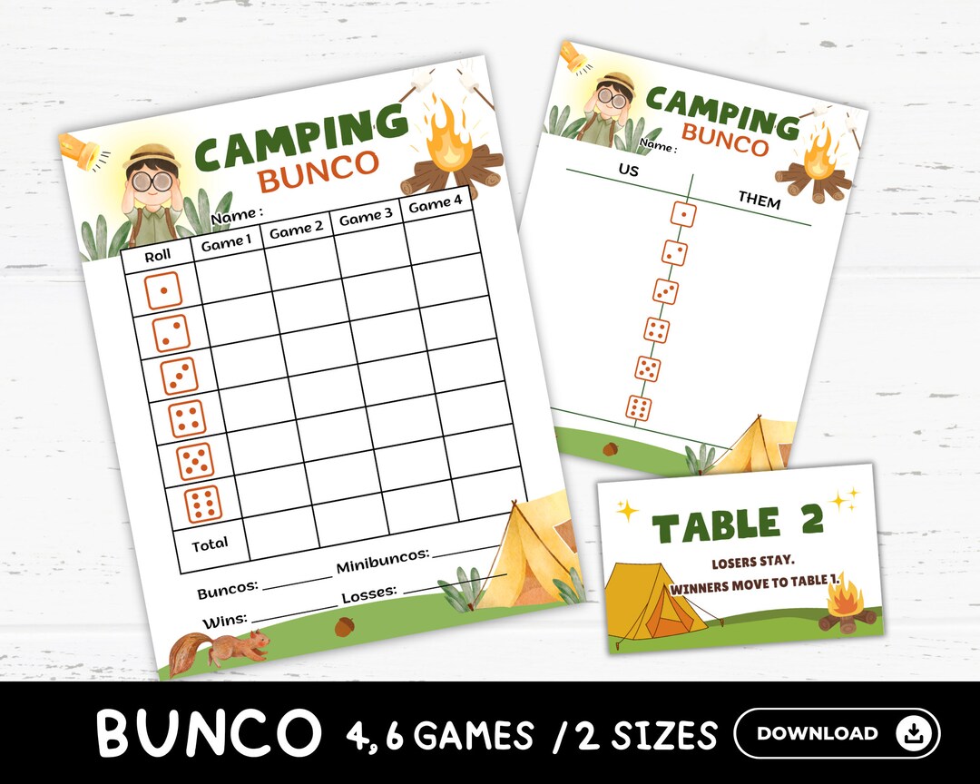 Camping Bunco Score Cards Printable, Camping Tally Sheets, Camping ...
