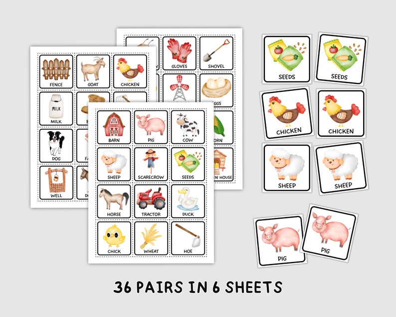 Farm Memory Game Printable for Kids, Farm Matching Game, Farm Matching ...