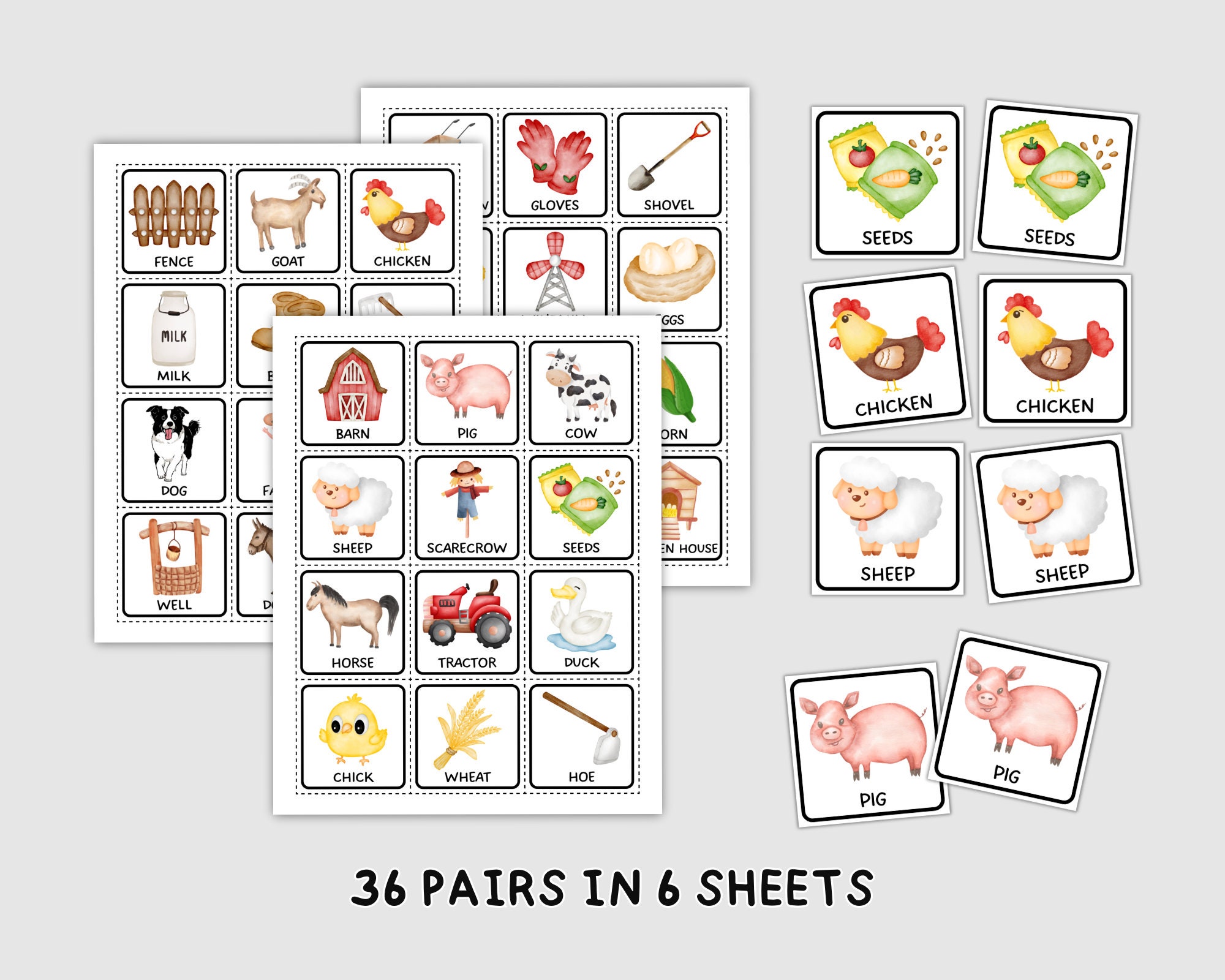 Farm Memory Game Printable for Kids, Farm Matching Game, Farm Matching ...