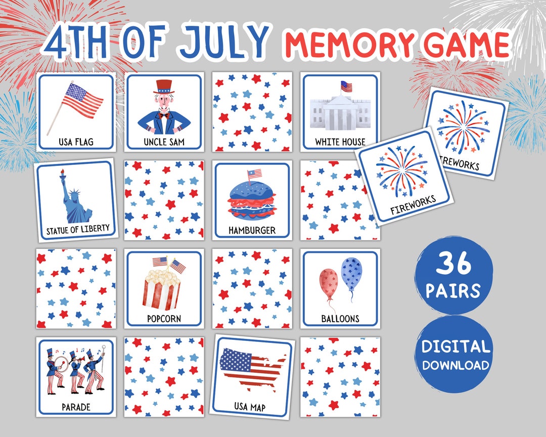 4th of July Memory Game Cards, Fourth of July Matching Game Printable ...