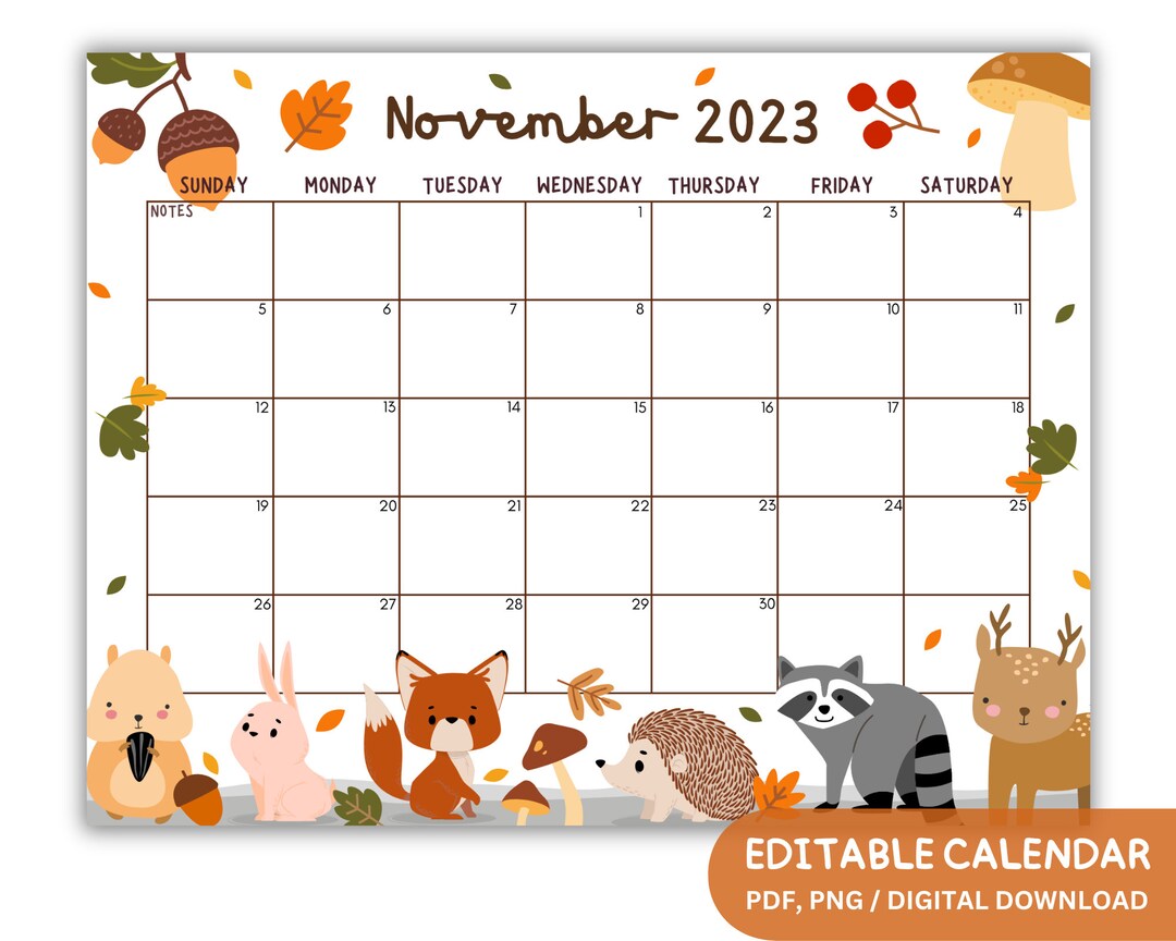 EDITABLE November 2023 Printable Calendar Cute Animal - Etsy