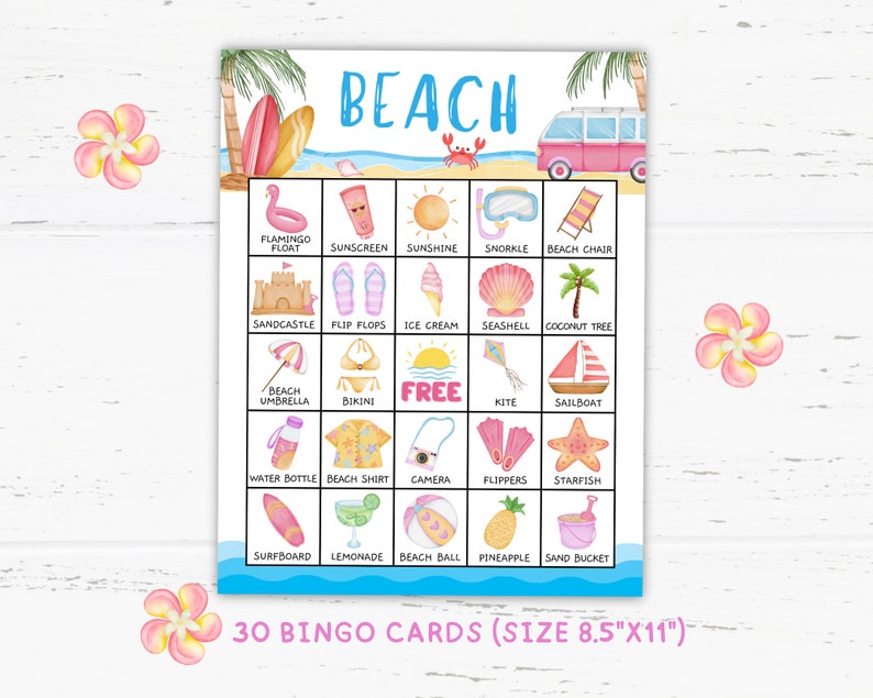 Beach Bingo Cards Printable, Beach Activity Games, Beach Theme Party ...