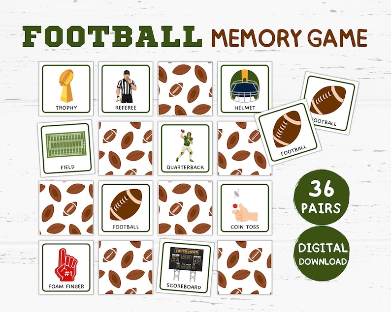 Football Memory Matching Game Printable, Football Flashcards, Football ...
