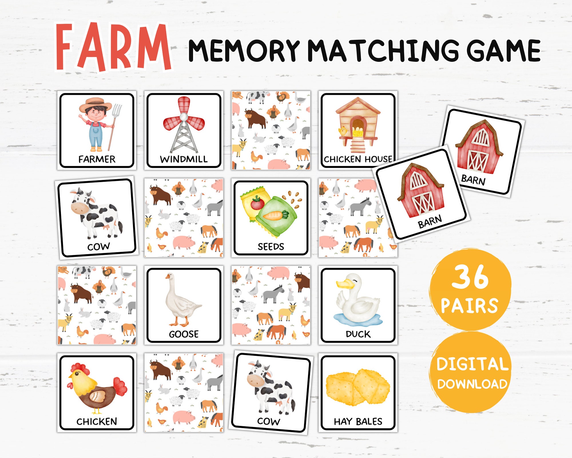 Farm Memory Game Printable for Kids, Farm Matching Game, Farm Matching ...
