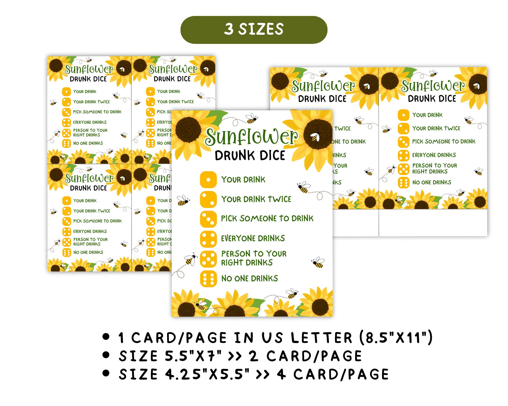 Sunflower Drunk Dice Game Printable, Summer Dice Game, Summer Games ...