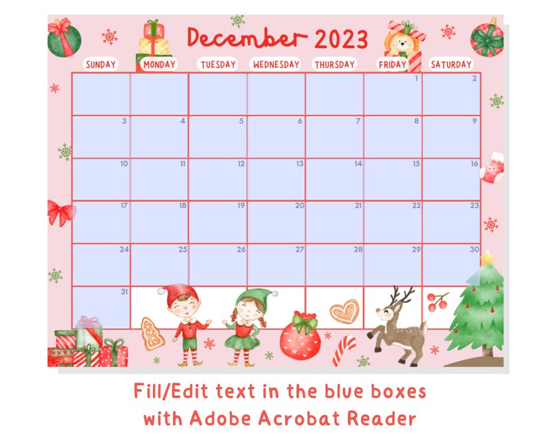 EDITABLE December 2023 Printable Calendar, Pink Elf Calendar Printable ...