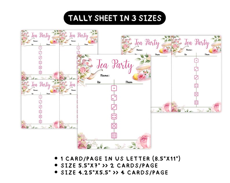 Tea Party Bunco Score Card Printable 4 and 6 Games, Tally Sheets, Tea ...