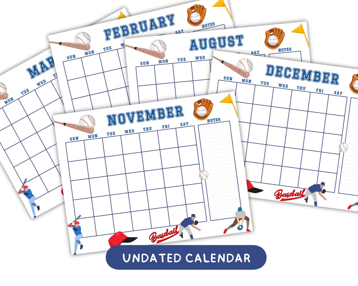 Baseball Undated Calendar Printable, Baseball Monthly Milestone ...