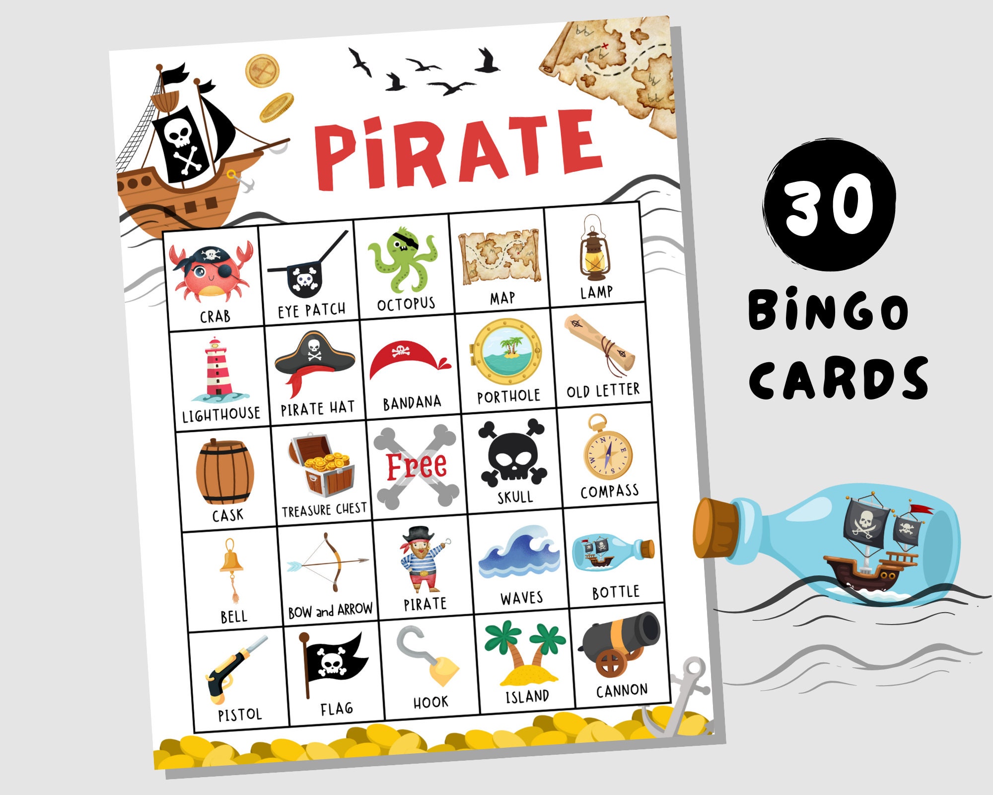 Pirate Bingo Cards, Pirate Activities, Pirate Birthday Party Printable ...