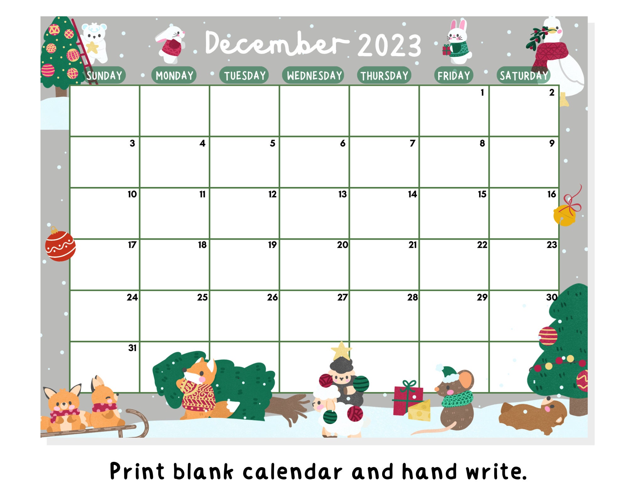 EDITABLE December 2023 Printable Calendar, Cute Christmas Calendar ...