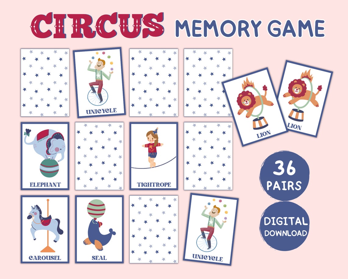 Circus Memory Game Printable, Matching Game for Kids, Matching ...
