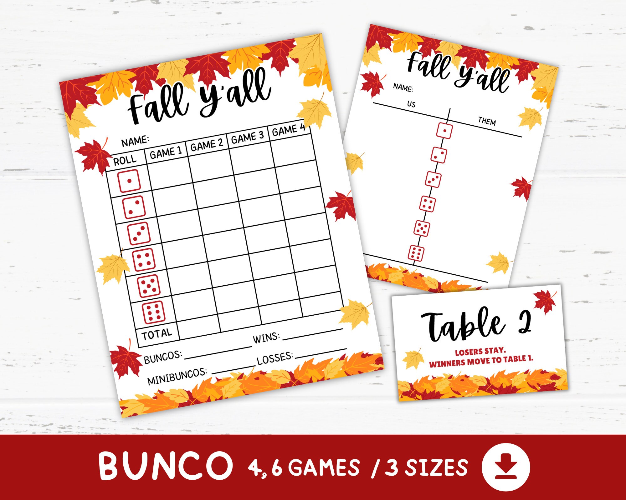 Fall Leaves Bunco Score Cards Printable, Fall Bunco Sheet, Bunco Tally ...