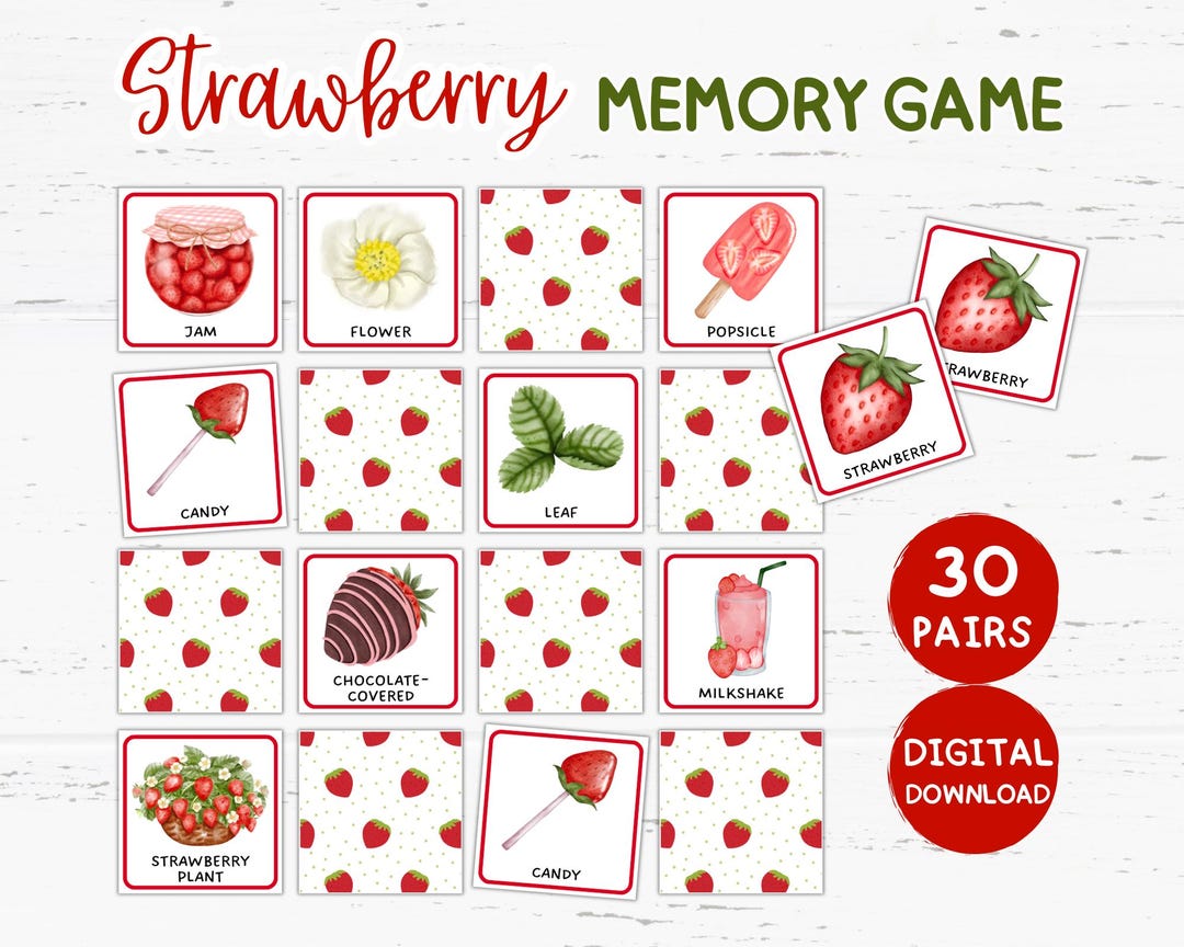 Strawberry Memory Matching Game for Kids Printable, Strawberry ...