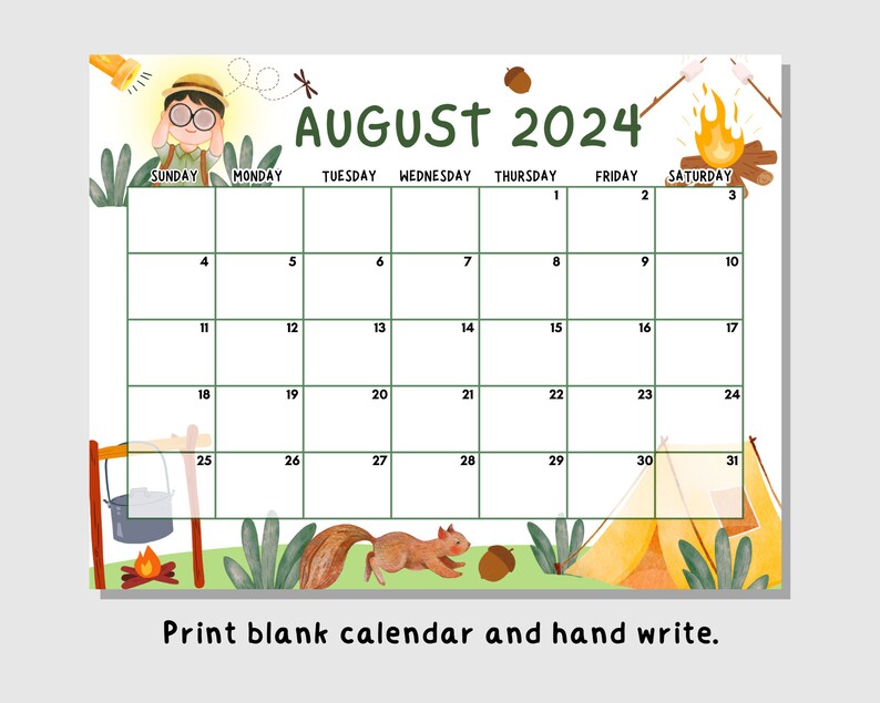 EDITABLE August 2024 Calendar Printable, Summer Calendar 2024, Camping ...