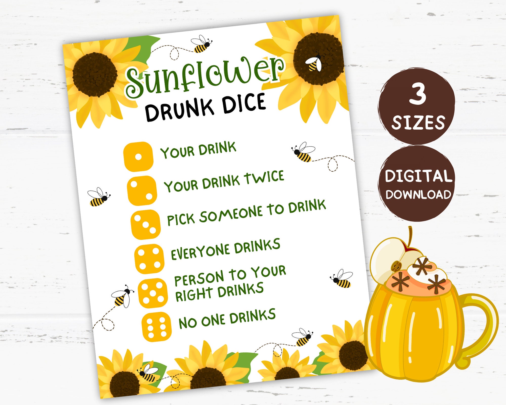 Sunflower Drunk Dice Game Printable, Summer Dice Game, Summer Games ...