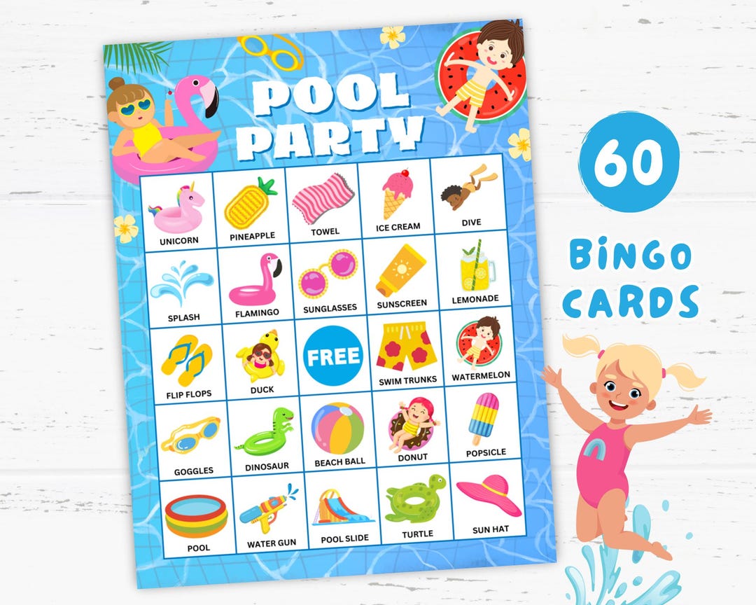 Pool Party Bingo 60 Cards Printable, Fun Summer Swimming Activity for ...