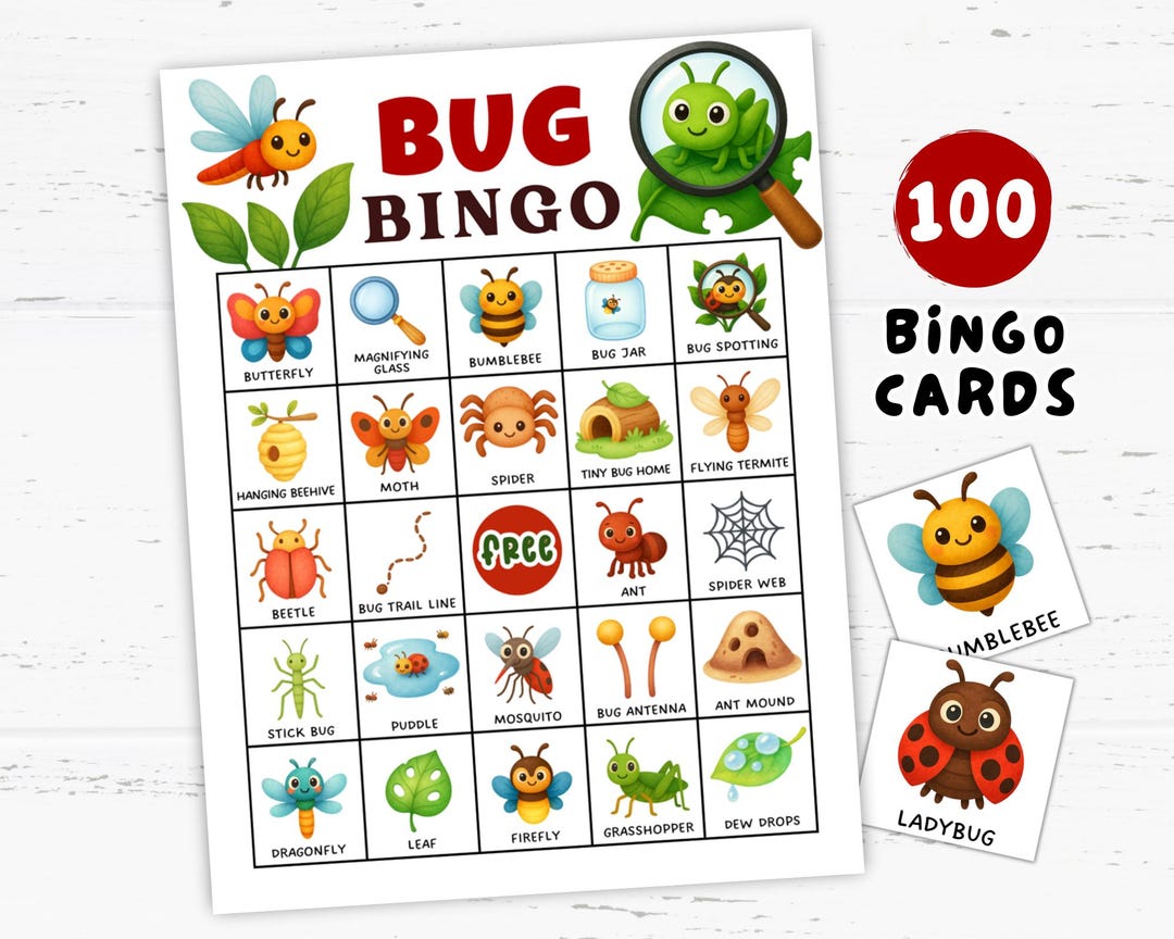 Bug Bingo Game 100 Cards Printable, Insect-themed Activity, Nature ...