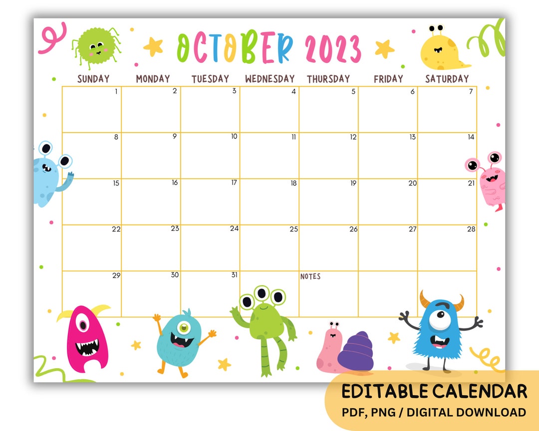 EDITABLE October 2023 Calendar Halloween Calendar Monster - Etsy Australia