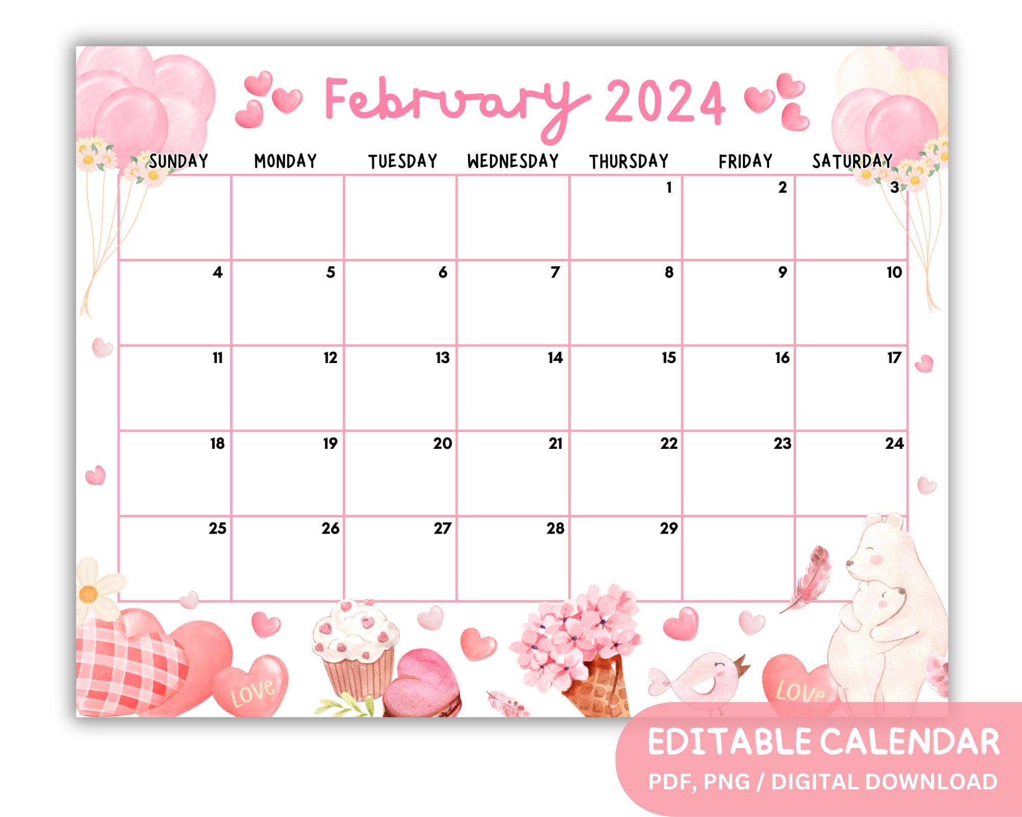 EDITABLE February 2024 Calendar Printable, Teddy Bear Calendar, Pink ...