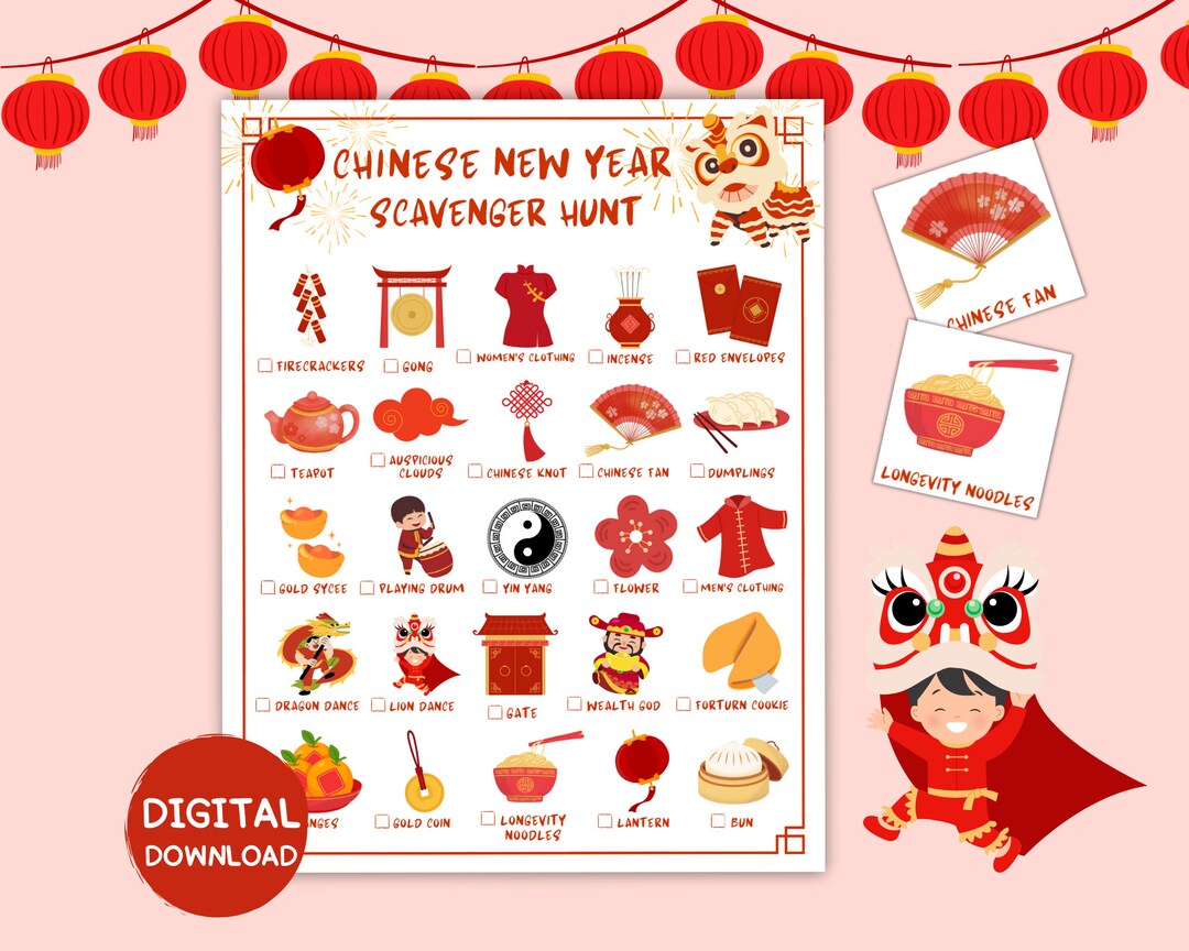 Chinese New Year Scavenger Hunt Cards, Indoor Scavenger Hunt for Kids ...
