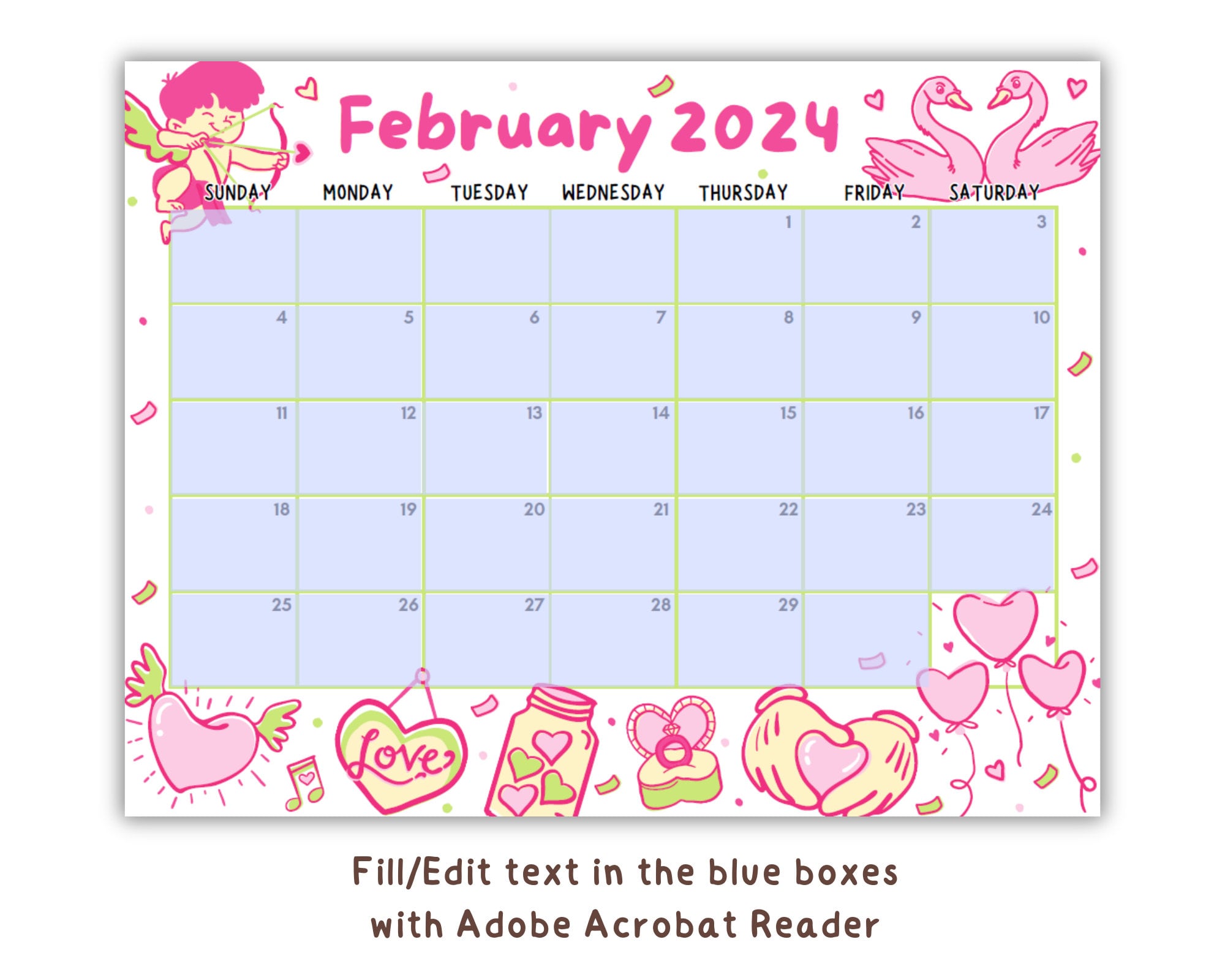 EDITABLE February 2024 Calendar Printable, Happy Valentine's Day ...