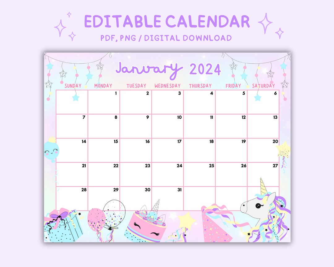 EDITABLE January 2024 Calendar Printable Unicorn Calendar - Etsy Australia