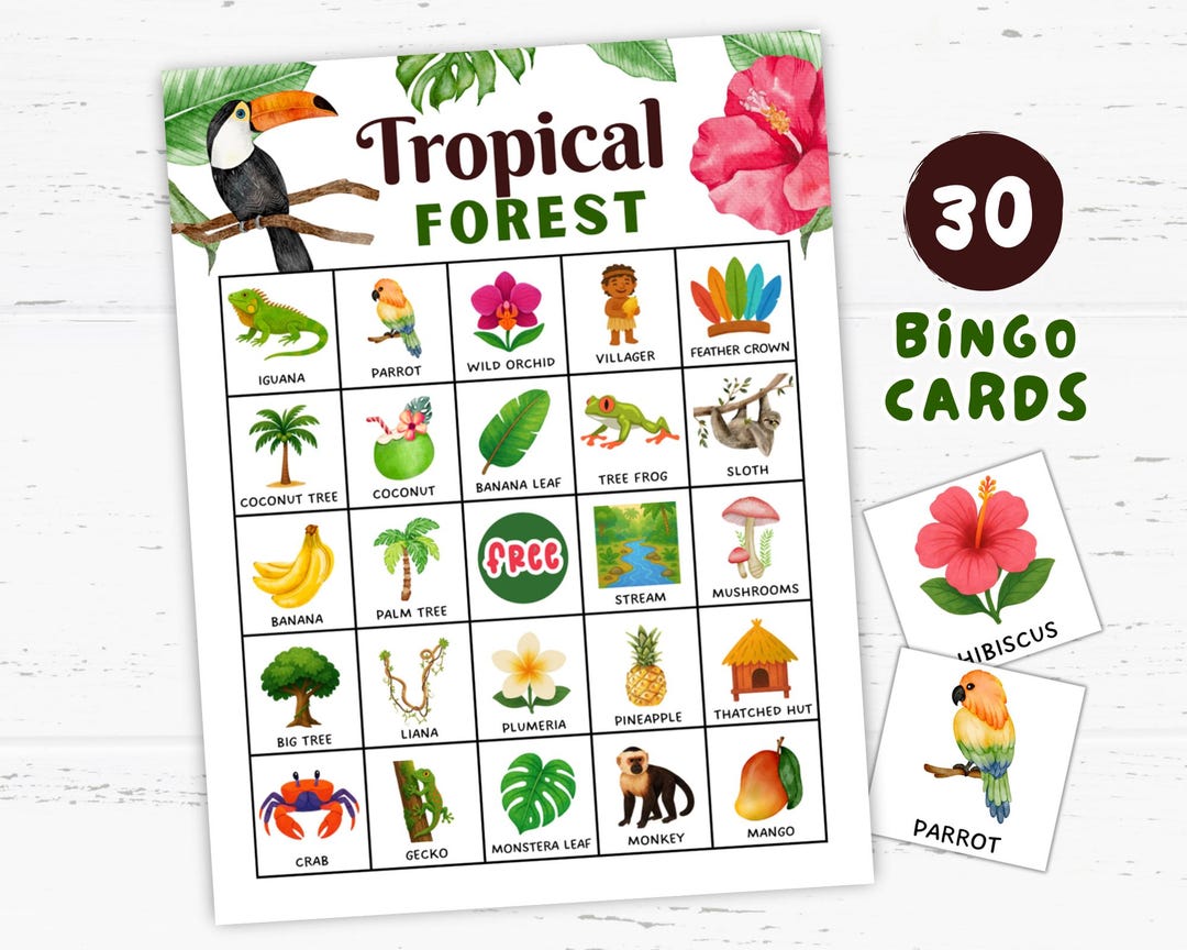 Tropical Forest Bingo Cards Game Printable 30 Cards, Tropical Party ...