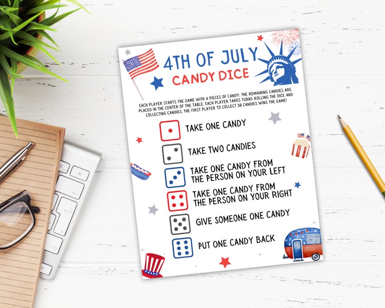 4th of July Candy Dice Game Printable, Fourth of July Party Games, 4th ...