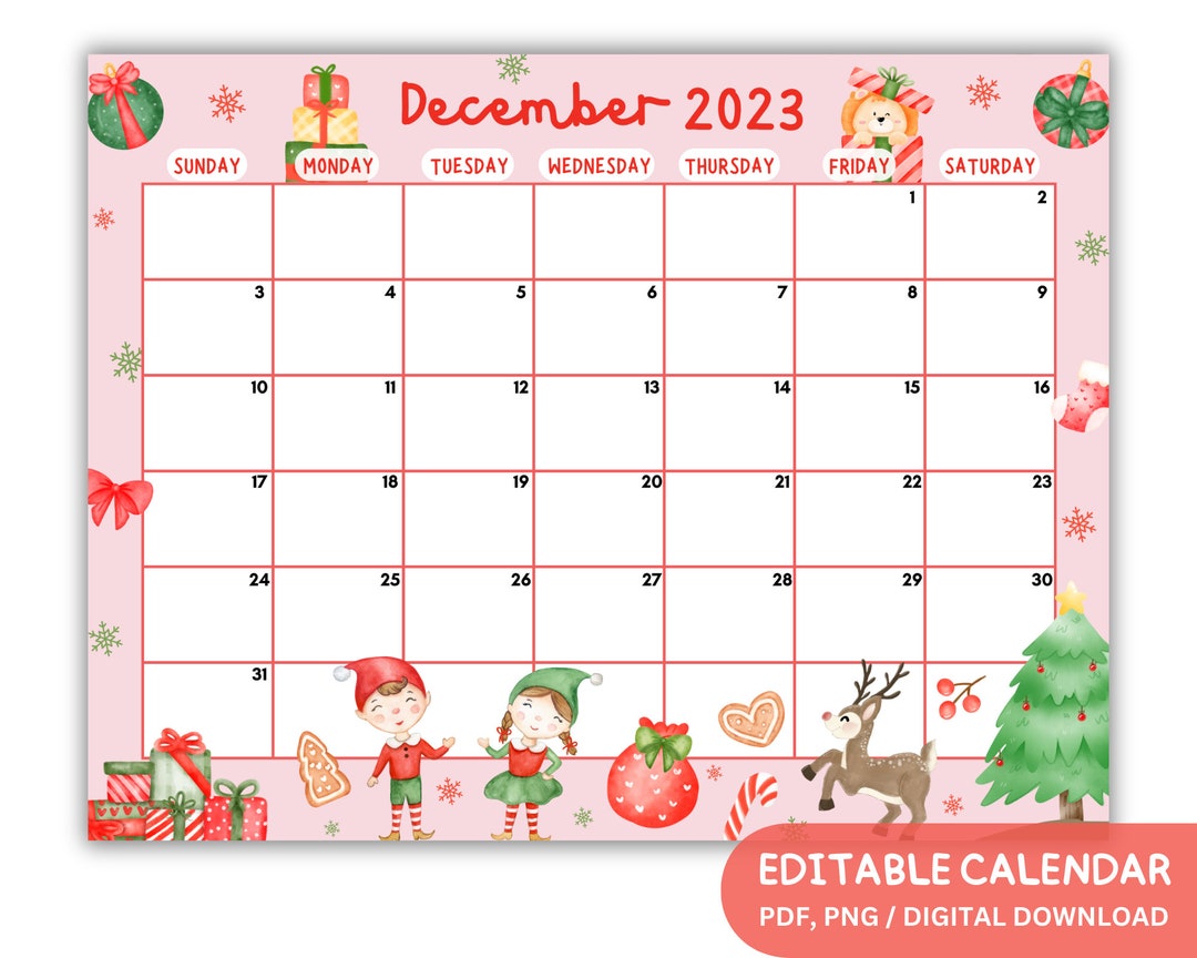 EDITABLE December 2023 Printable Calendar, Pink Elf Calendar Printable ...