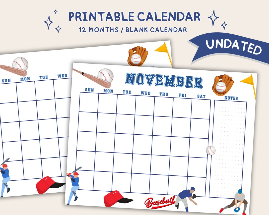 Baseball Undated Calendar Printable, Baseball Monthly Milestone ...