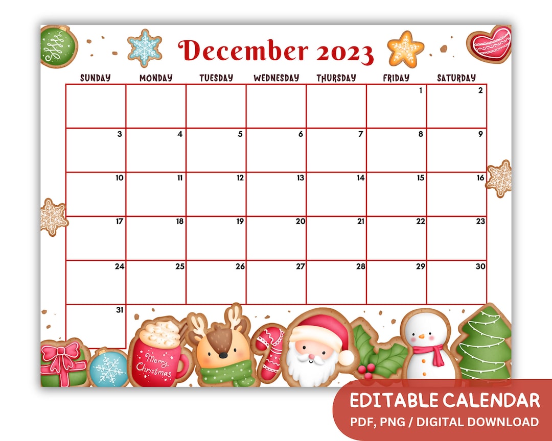 EDITABLE December 2023 Printable Calendar, Gingerbread Calendar, Cute ...