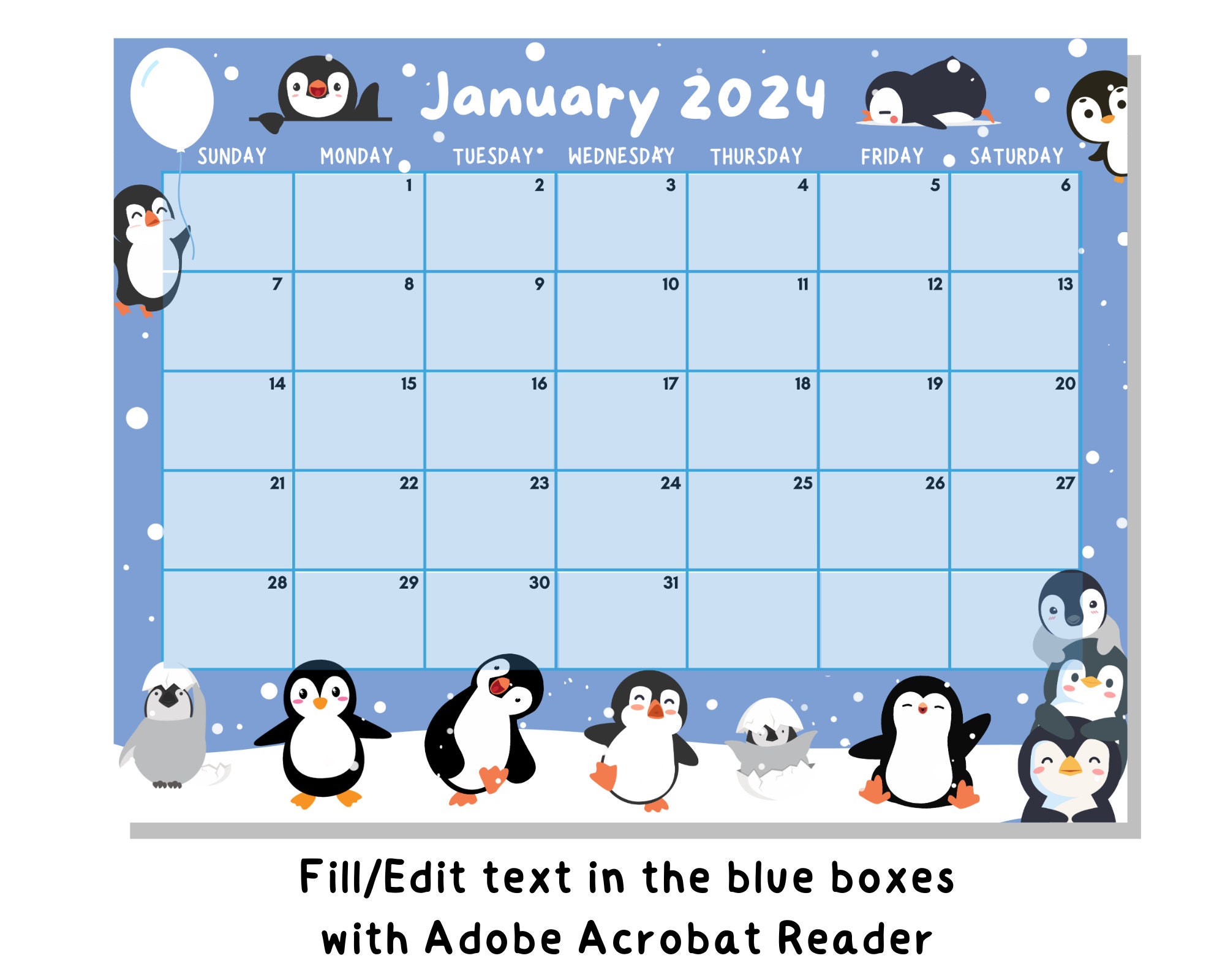 EDITABLE January 2024 Printable Calendar, Penguin Calendar, North Pole ...