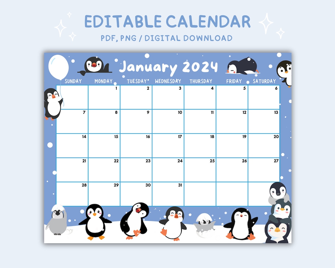 EDITABLE January 2024 Printable Calendar, Penguin Calendar, North Pole ...
