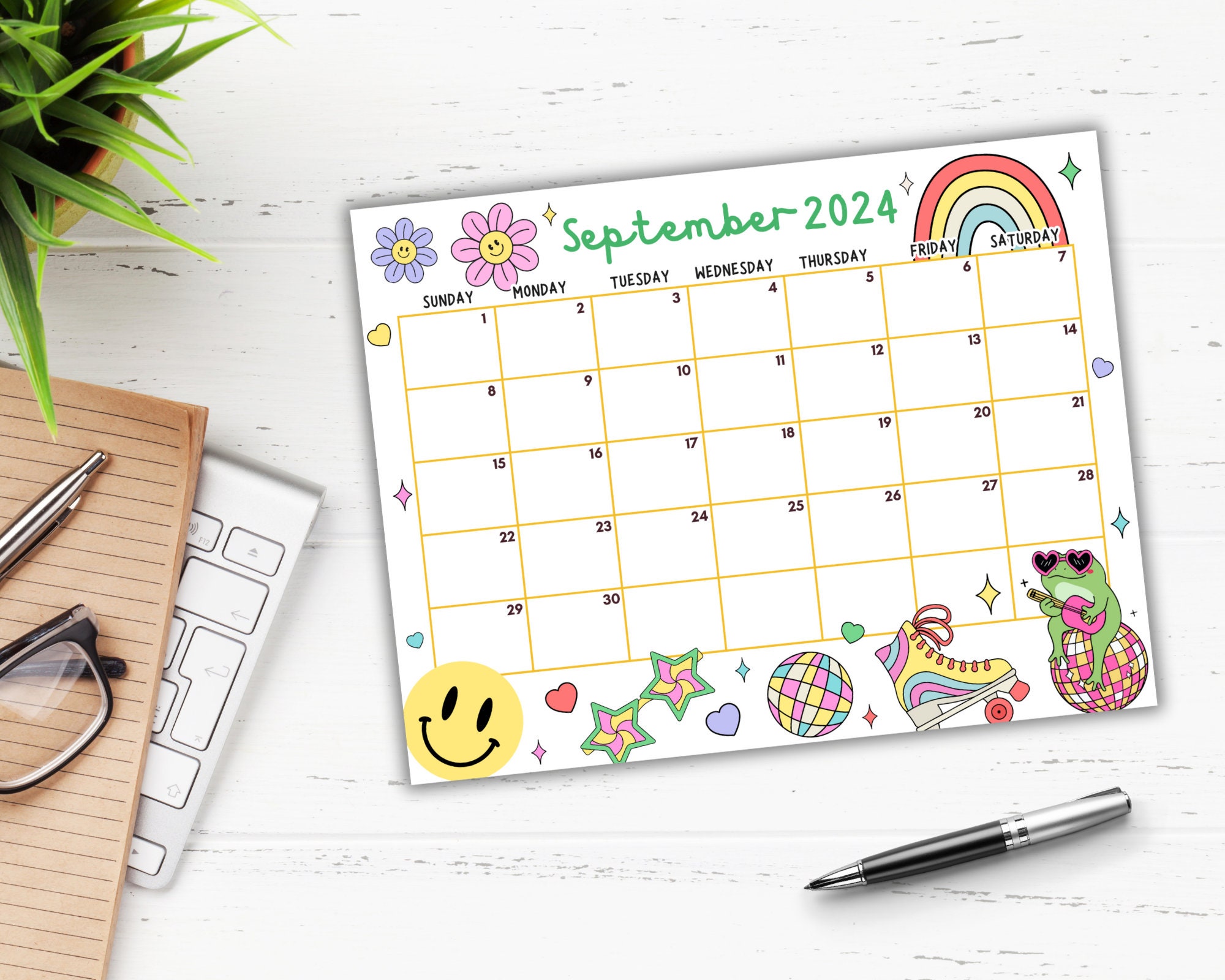 EDITABLE September 2024 Calendar Printable, Groovy Calendar 2024, Retro ...