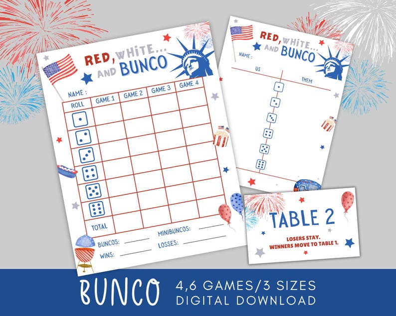 4th of July Bunco Score Cards Printable, Fourth of July Bunco Game, 4th ...