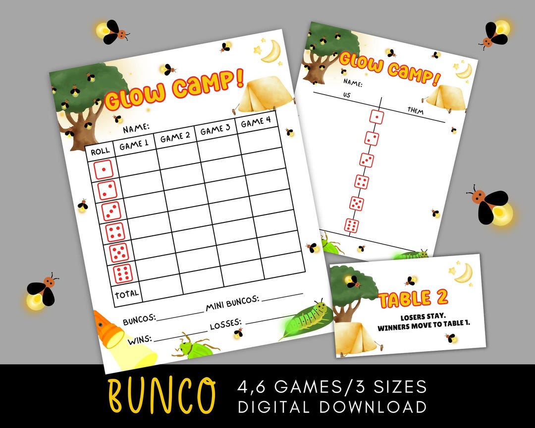 Glow Camp Bunco Score Cards Printable, Camping Bunco, Campfire Games ...