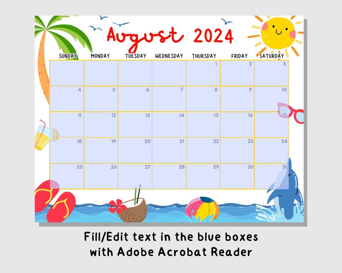 EDITABLE August 2024 Calendar Printable, Summer Calendar 2024 Printable ...