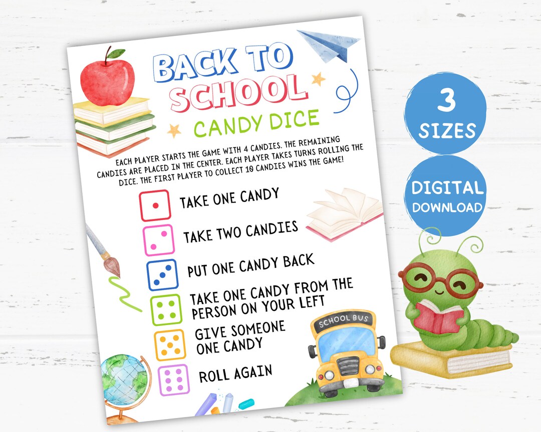 Back to School Candy Dice Game Printable, Roll and Play, Back to School ...