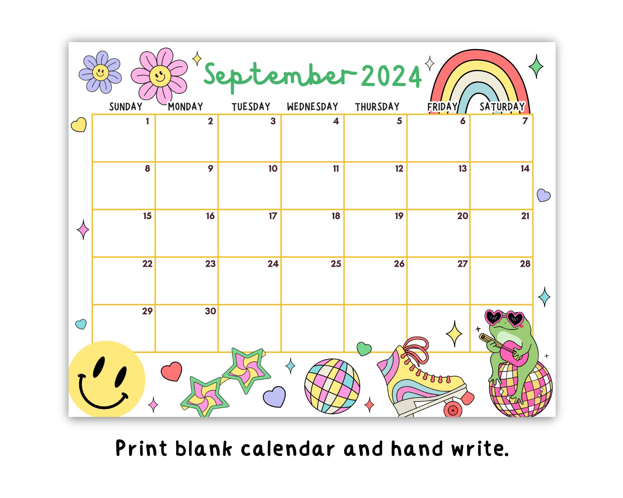EDITABLE September 2024 Calendar Printable, Groovy Calendar 2024, Retro ...