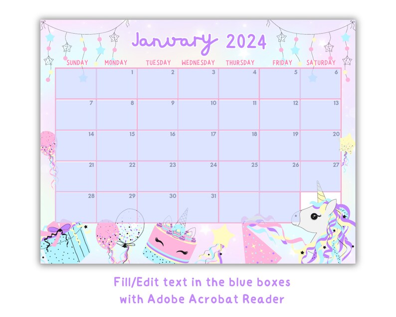 EDITABLE January 2024 Calendar Printable Unicorn Calendar - Etsy Australia