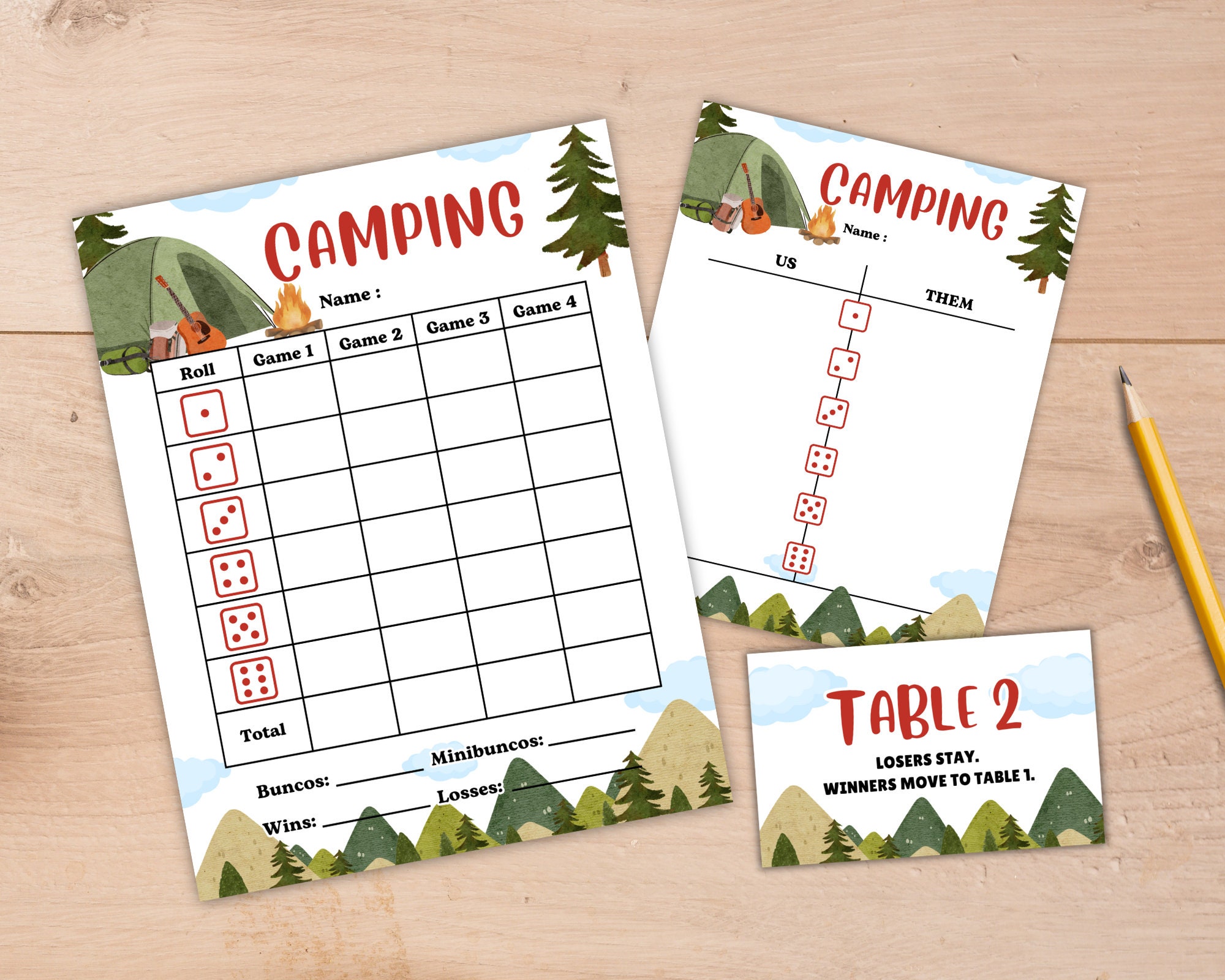 Camping Bunco Score Cards Printable, Camping Tally Sheets, Camping ...
