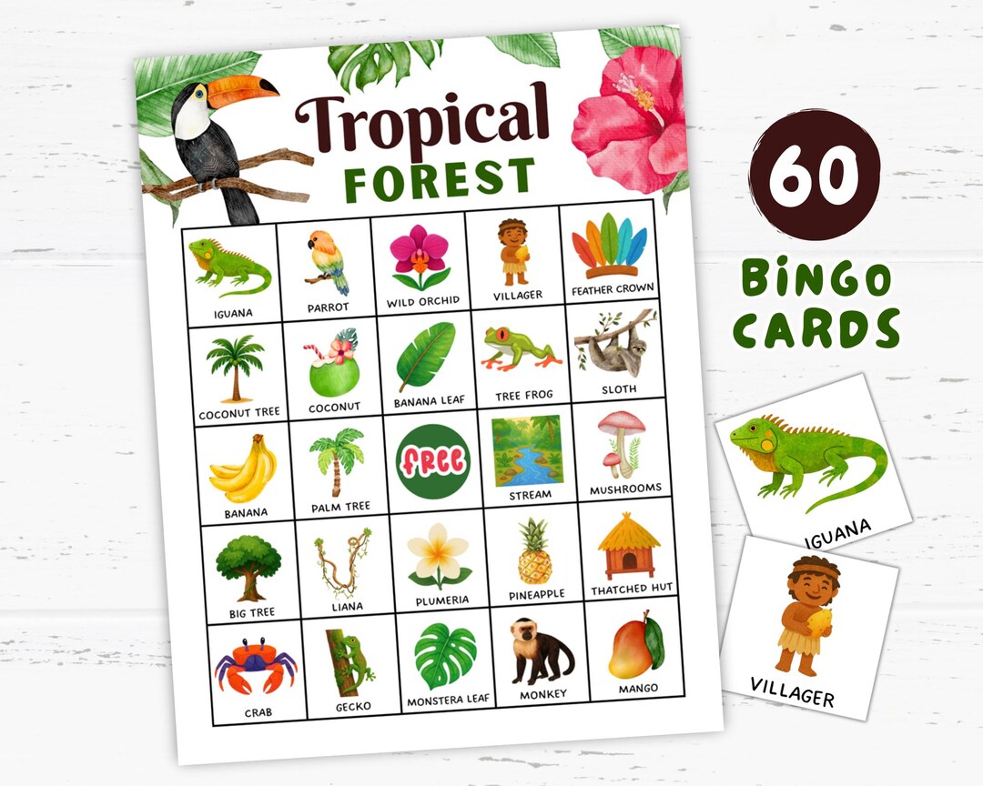 Tropical Forest Bingo Cards Game Printable 60 Cards, Tropical Party ...