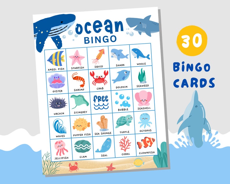 Ocean Bingo imprimible, juegos de actividades oceánicas, bingo bajo el ...