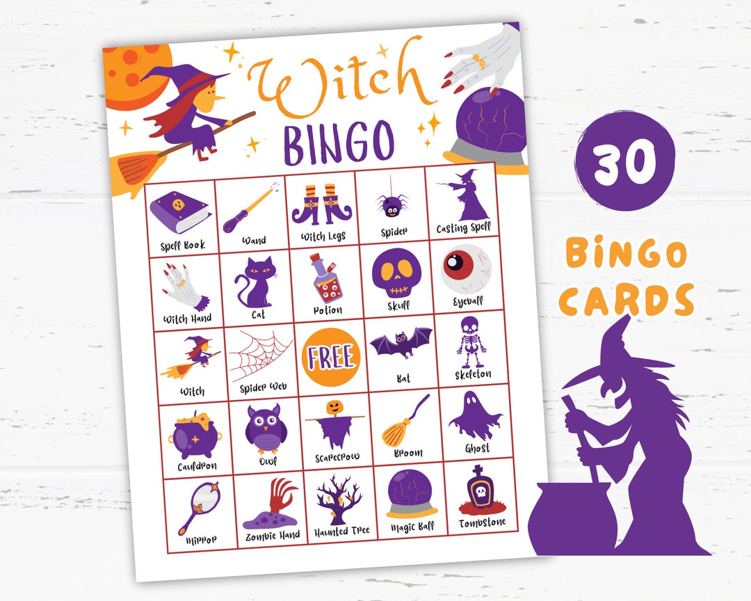 Witch Bingo Cards Printable, Halloween Bingo Game Cards, Witch ...