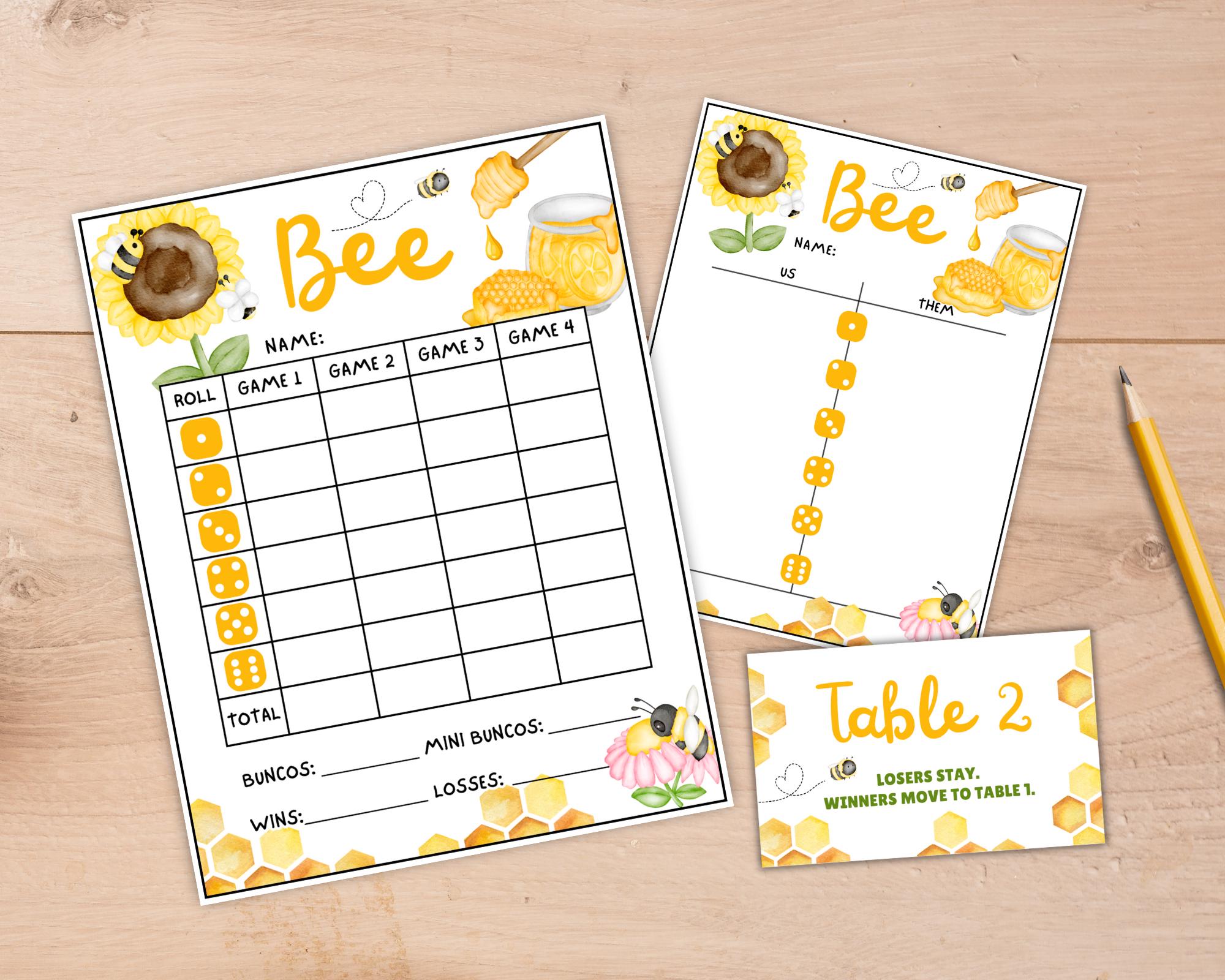 Bee Bunco Score Card Printable 4 and 6 Games, Tally Sheets, Bee Games ...