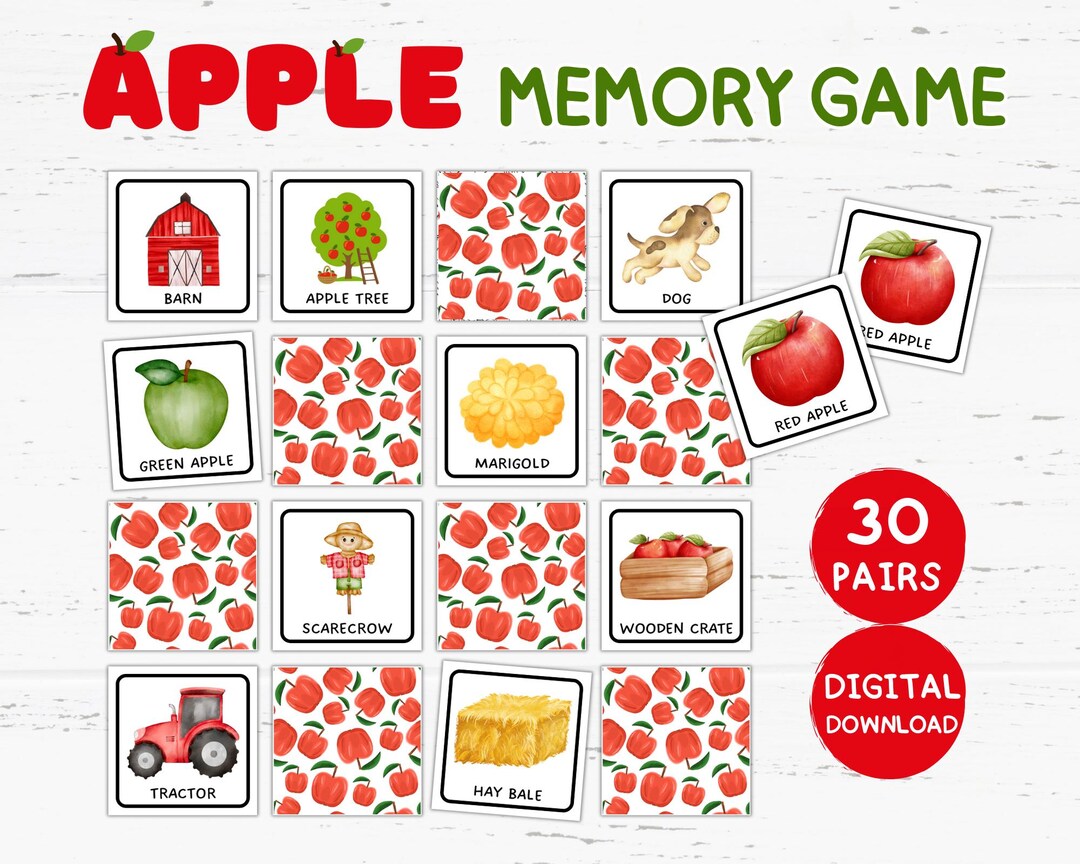 Apple Orchard Memory Matching Game Printable, Fall Flashcards Kids ...
