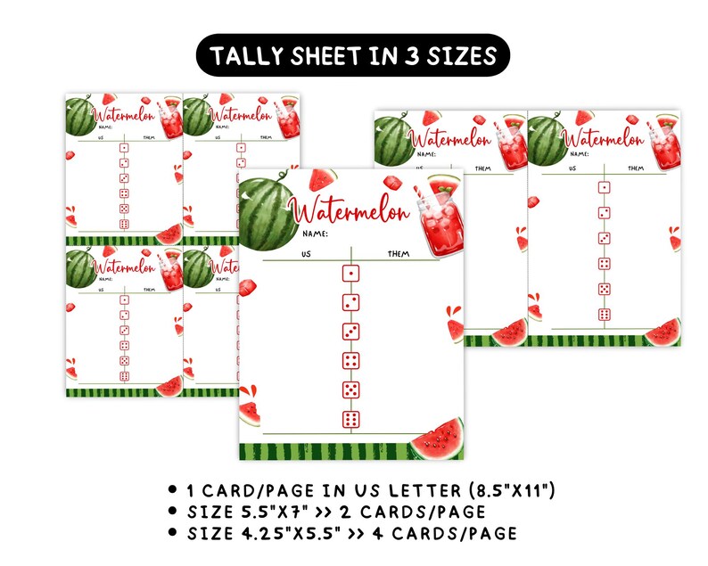 Watermelon Bunco Score Card, Printable Dice Game for Summer Parties ...