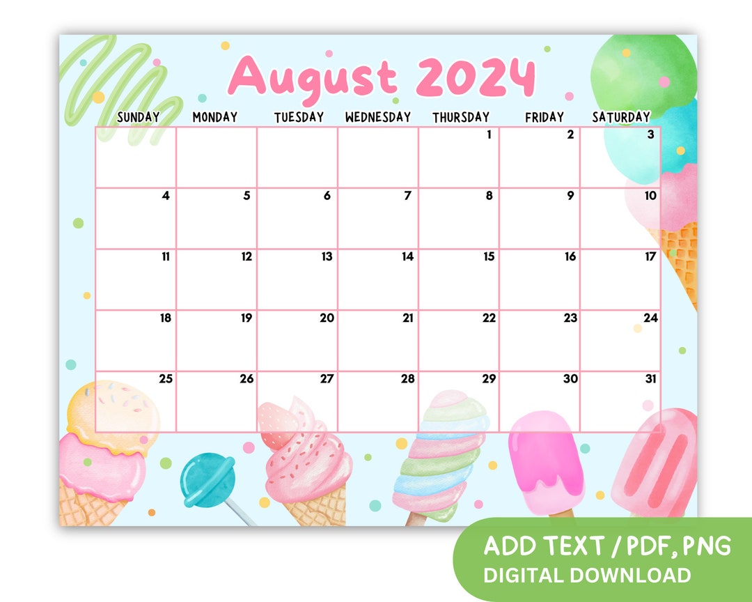 EDITABLE August 2024 Calendar Printable, Summer Calendar 2024, Ice ...